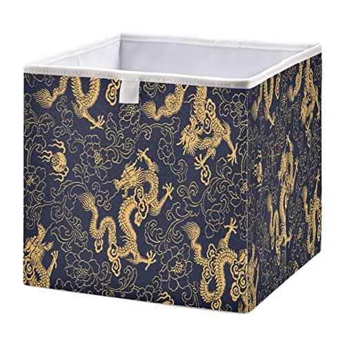 Kigai Vintage Chinese Dragon Cube Storage Bins - 11x11x11 In Large Foldable Storage Basket Fabric Storage Baskes Organizer for Toys, Books, Shelves, Closet, Home Decor