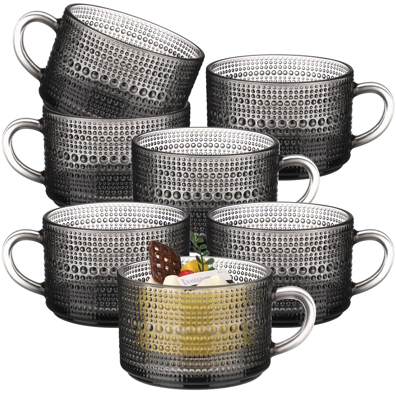 Eccliy 6 Pcs Vintage Coffee Mugs 14 oz Glass Stackable Tea Cups Embossed Glass Cups Coffee Cup Vintage Glassware with Handle for Cappuccino Latte Cereal Yogurt Beverage Dessert Water (Black)