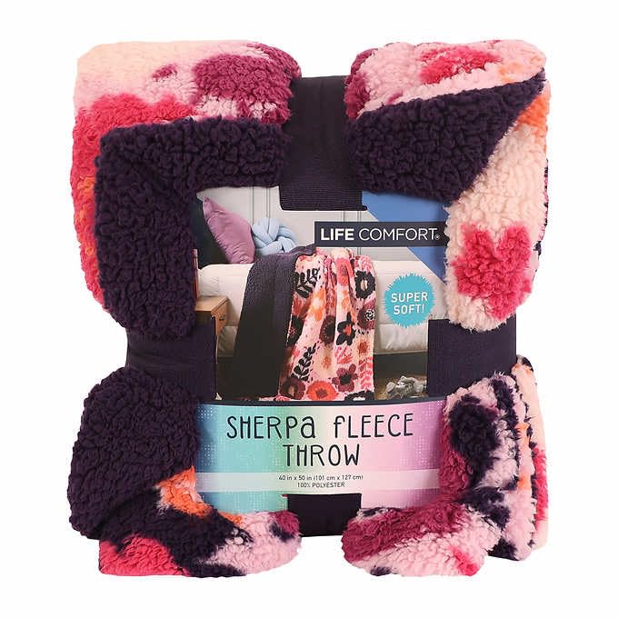 Life Comfort Ultimate Sherpa Fleece Children's Pink and Purple Floral Fleece Blanket