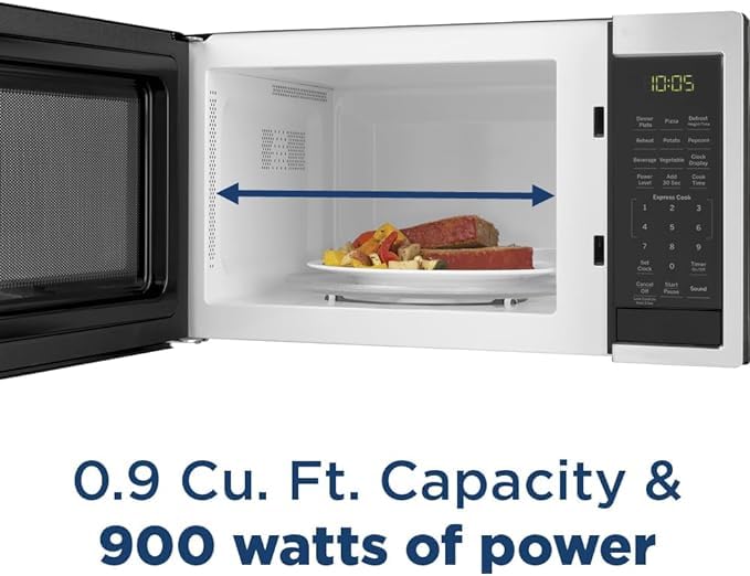 GE GCST09N1WSS Microwave Oven, 900-watt 7 Auto Cooking Settings, Kitchen Essentials for The Countertop, Dorm Room or Apartment, Child-Lock Technology 0.9 Cu. Ft, Stainless Steel
