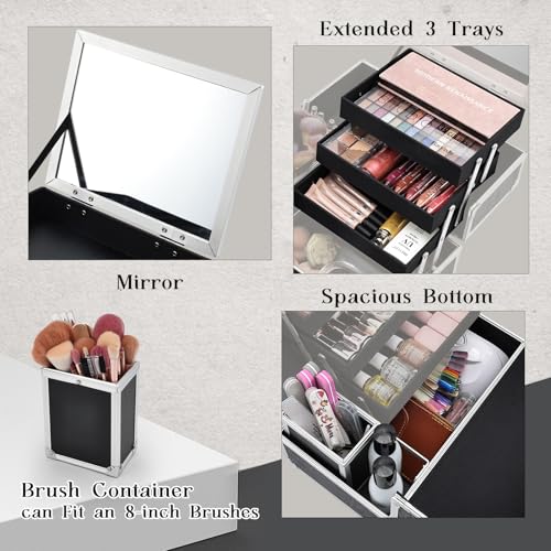 FRENESSA Makeup Train Case, Large Makeup Box Organizer with Brush Holder, Cosmetic Train Case Makeup Organizer for Home Travel, Giltter Gold