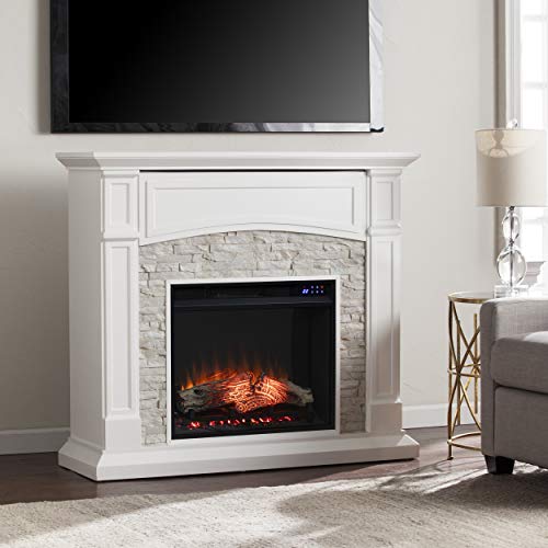 SEI Furniture Seneca Faux Stacked Stone Electric Fireplace with Hidden Media Shelf, New Crisp White