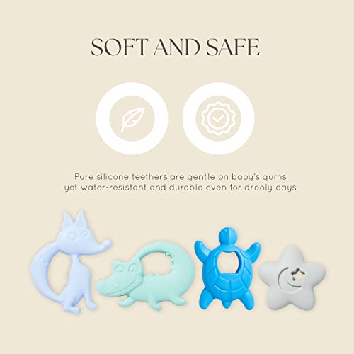 Dodo Babies Teething Toy & Pacifier Clip Set β Silicone Teether Four Pack Plus Two Universal Holder Paci Leashes and Binky Case β Blue Animal Shapes β Great Shower Gift for Baby Girl or Boy