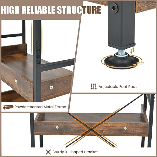 Tangkula 6-Tier Bookshelf, 70β Tall Industrial Bookcase w/Open Shelves & 4 Hooks, Storage Rack w/Metal Frame, Vintage Standing Display Rack for Study Living Room Kitchen (Rustic Brown, 6-Tier)