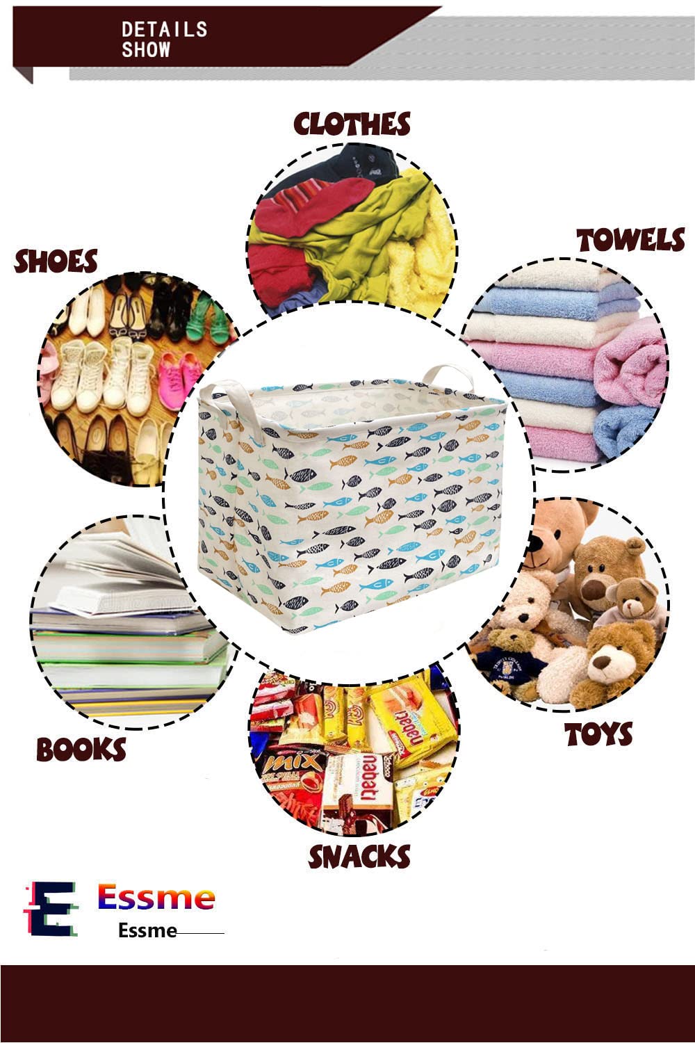 Essme Rectangular Fabric Storage Box,Collapsible Storage Basket Bins Organizer with Handles for Kids Room,Shelf Basket,Toy Organizer(Fish)