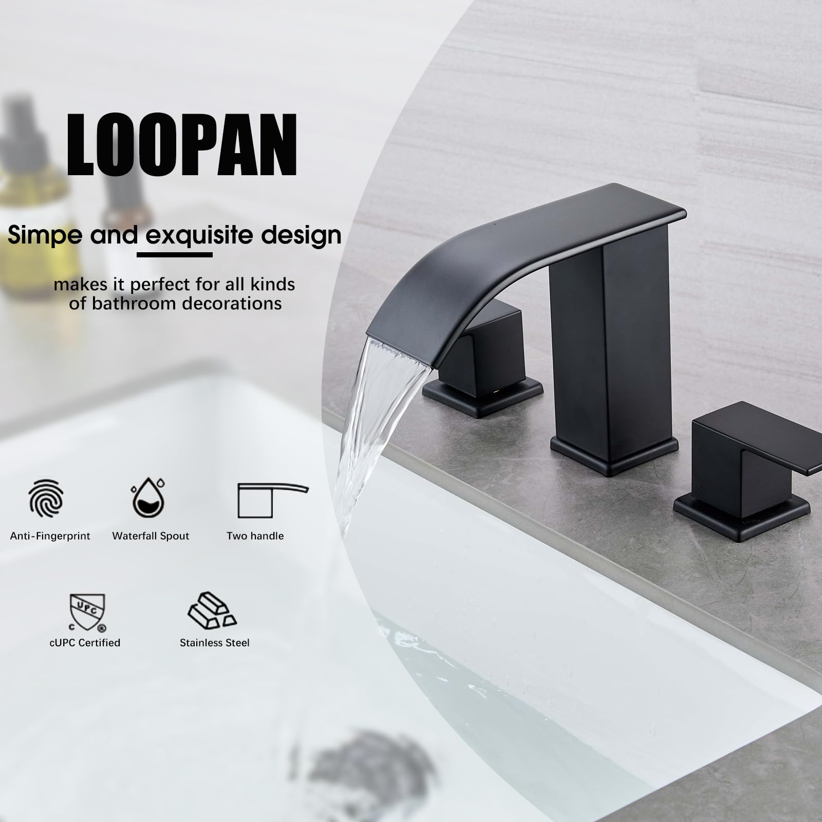 LOOPAN Bathroom Faucet for 3 Hole, Waterfall Matte Black 8 Inch Widespread Bathroom Faucets & Parts, Modern 3 Piece Bathroom Sink Faucet, Touch On Bathroom Sink Faucet with Drian&Hoses