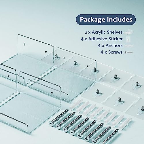 Weronique 2-Pack Wall Shelves Small Adhesive Floating Shelves Acrylic Hanging Shelves Display Ledges with 2 Types of Installation, Clear
