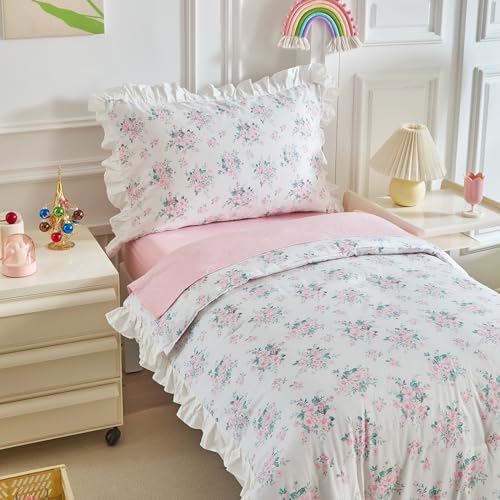 Cotton Toddler Bedding Set with Ruffle Fringe, 4 pc Floral Toddler Bed Set Includes Adorable Quilted Comforter, Fitted Sheet, Top Sheet, and Pillow Case (Purple and Yellow White Flowers)