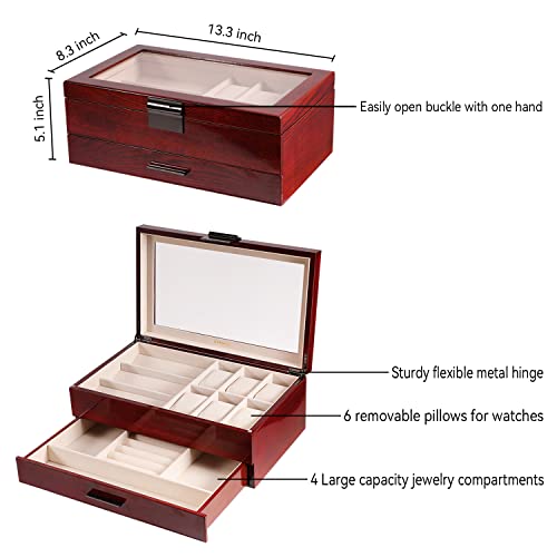 LANDICI Jewelry Box Watch Boxes Organizer for Men Women Gift,Wooden Jewellery Box with Glass Top Display,2 Layer Large 6 Slot Sunglasses Case Holder for Ring Earrings Necklace Bracelet,Walnut Wood