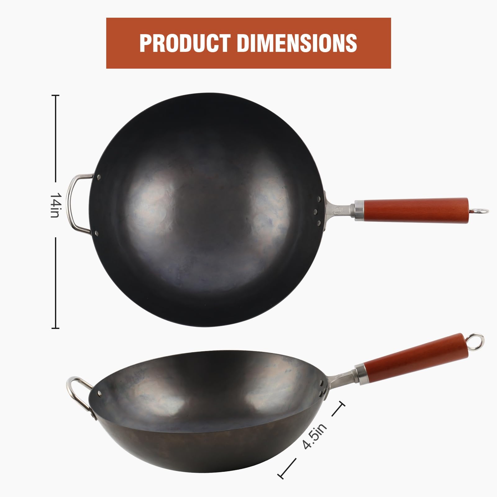 JLYO Carbon Steel Wok Pan - 14.2 β Traditional Chinese Japanese Woks -Round Bottom Wok Pan Set with 7 Pcs Cookware Accessories - Hand Hammered Wok(14.2", Blue)