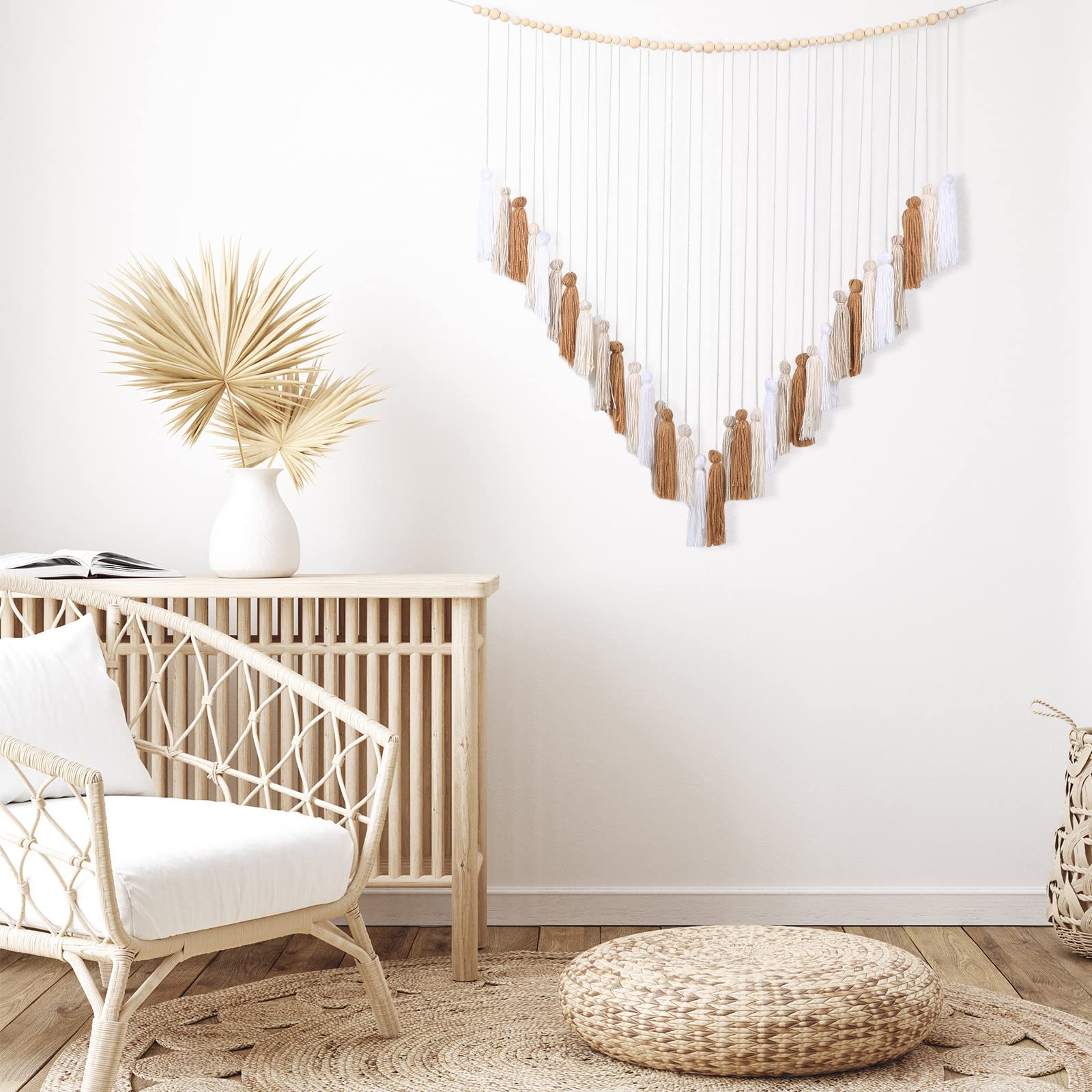 Coucou Large Macrame Tassel Wall Hanging Boho Wall Decor, Yarn Tassels Garland with Wood Beads for Nursery Decor 41" x 31''