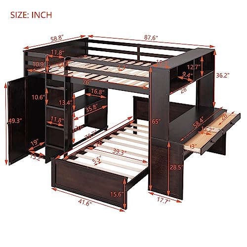 SOFTSEA Full Over Twin Bunk Bed with Desk, Full Size Loft Bed with Wardrobe and Storage, Wood Loft Bed with Stand-Alone Bed for Kids Teens (Espresso)