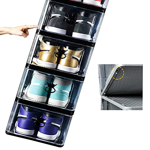 kicksluoplug KM,Shoe Storage Box,Arc-Shaped Safe Plastic box, Set of 4,Shoe Organizer for Display Sneakers,Stackable Clear box,Fit up to US Size 12(13.4inx 9.84inx 7.1in) (Black)