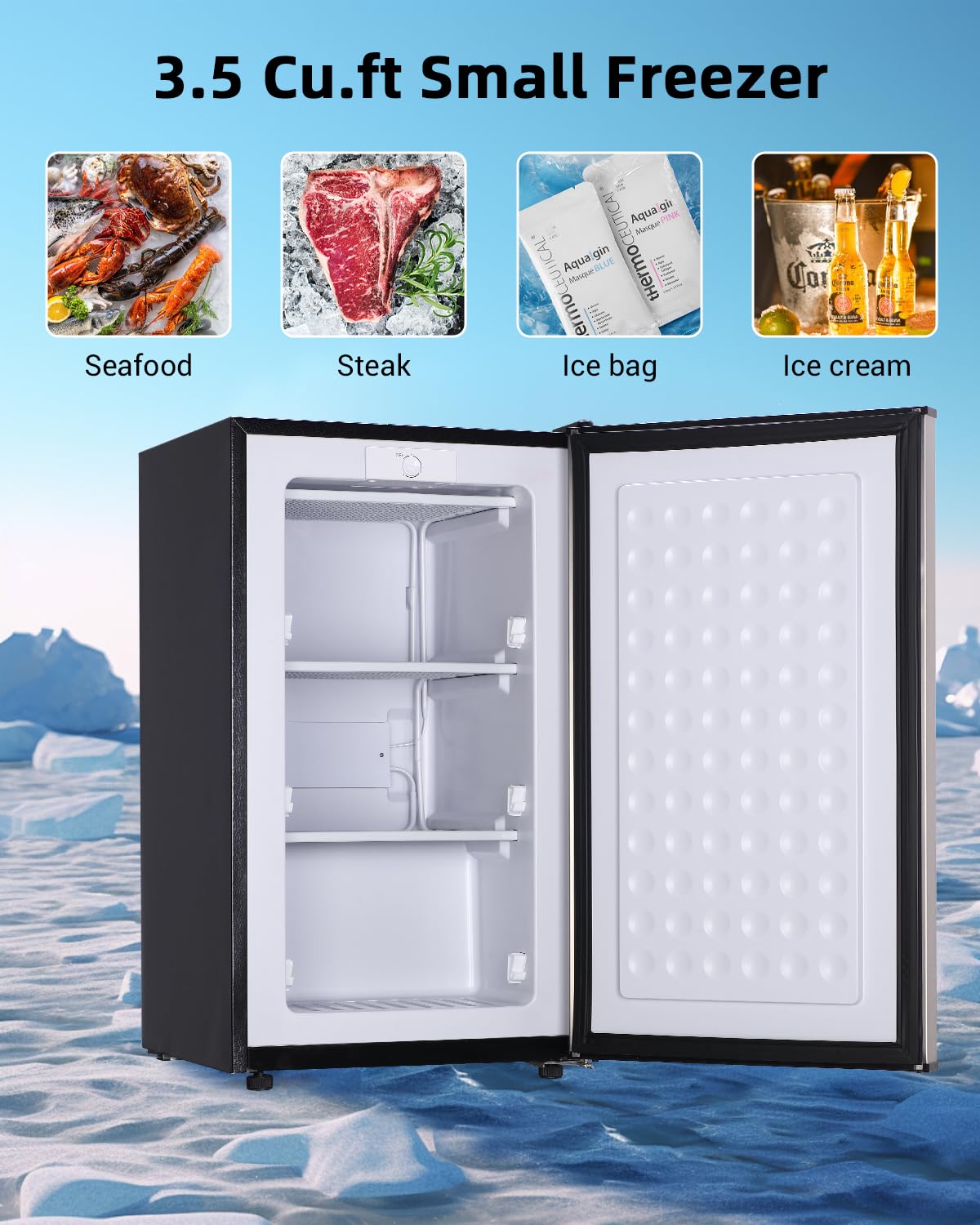 Geekman Upright Freezer, 3.2 Cu.ft Mini Freezer with Removable Shelves, 3-Level Adjustable Thermostat, Perfect for Home, Dorm, Office, Garage, Silver Color