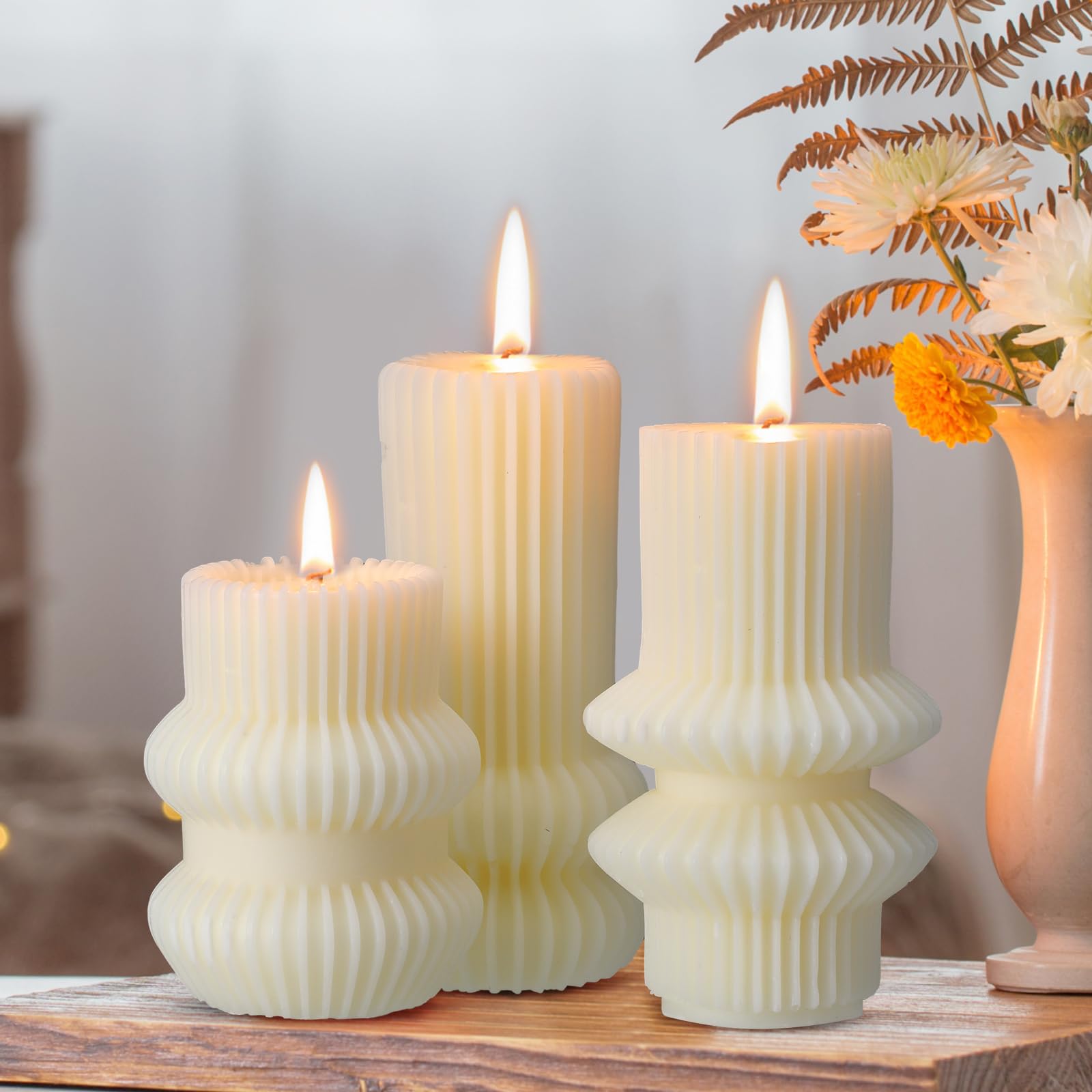 MTLEE 3 Pcs Small Ribbed Pillar Candles Scented Pillar Candle Decorative Candles Soy Wax Aesthetic Candle 4.7, 4.2, 3.2 in Height Modern Geometric Home Decor for Bathroom Living Room(Khaki)