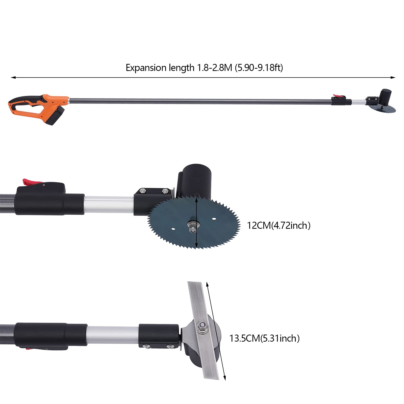 Cordless Electric Pole Saw, 40W Lightweight Hedge Trimmer, 12000 rpm, Adjustable Pole, Suitable Branch Diameter Within 5mm/0.98inch, Orange