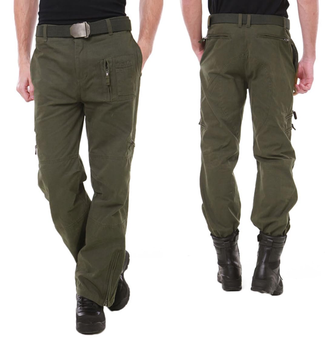 CRYSULLY Men's Casual Trousers Cotton Wild Cargo Pant Combat Wear Work Pants with Zipper Assault Pants Army Green
