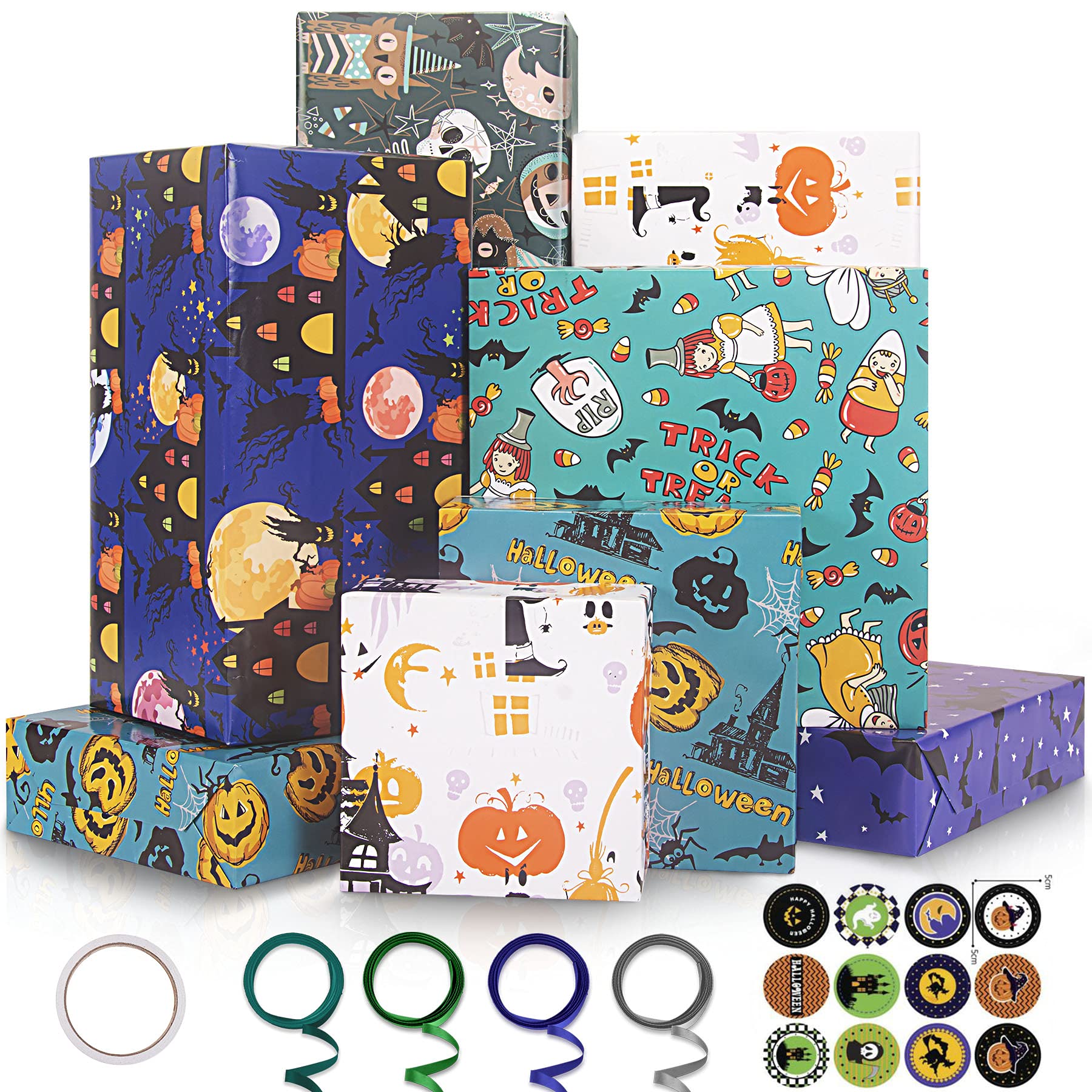 Rancco Halloween Wrapping Paper Set, 6 Sheets Witch Bat Ghost Pumpkin Cat Laser Gift Wrapping Paper w/Stickers and Ribbon for Halloween, Party, Birthday, Holiday,19.6 inch X 27.5 inch Per Sheet