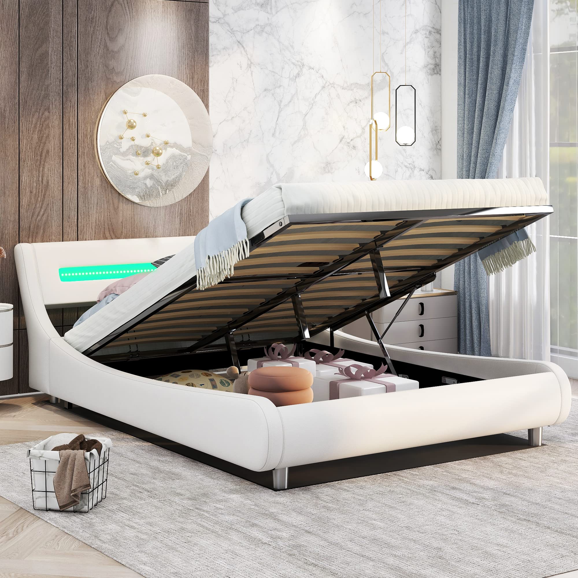 Low Profile Upholstered Platform Bed with LED Lights Headboard, Hydraulic Lifting Under Bed Storage, Modern Curved PU upholstered Low Profile Platform Bed Frame for Kids Teens Adults (White, Full)
