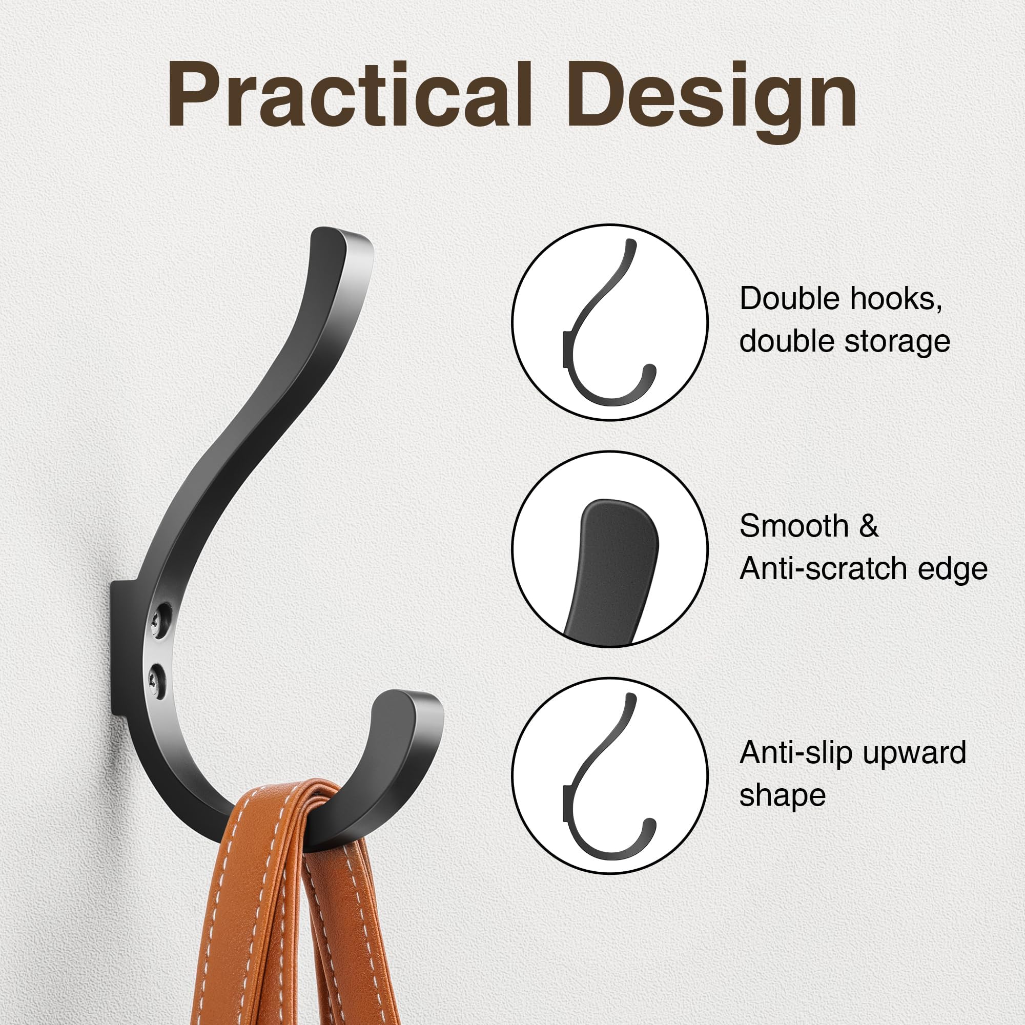 jockcaras Large Wall Hooks for Hanging Coat/Backpack - 5.4'' Huge 40LBS Heavy Duty Hanger Wall Mount Screw in, for Towel, Closet, Robe, Bag, Outdoor, Black 4 Pack