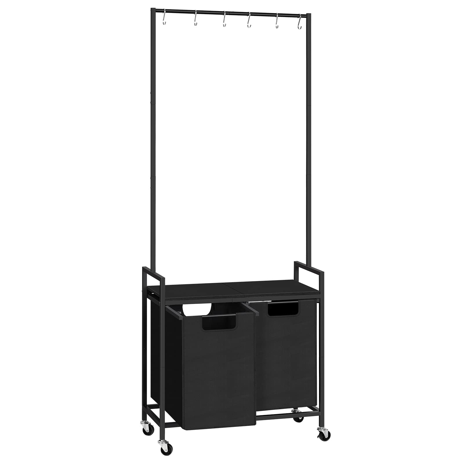 OYEAL Laundry Hamper with Lid Laundry Sorter Cart 2 Section Rolling Laundry Basket with Hanging Rack 6 Hooks for Laundry Room Bathroom Bedroom, Black