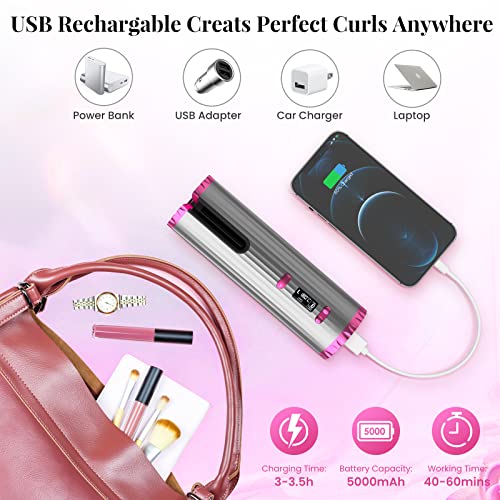 Cordless Hair Curler, Automatic Curling Iron with 6 Temps & Timer, Automatic Hair Curler, Ceramic Barrel Cordless Curler, Fast Heating Spin Curling Irons for Beginners