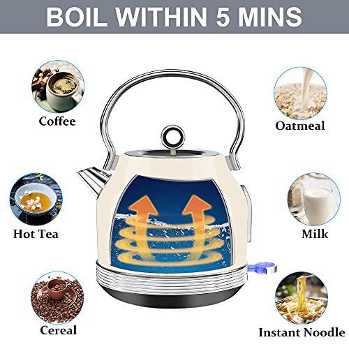 Electric Kettle Stainless Steel, Retro Water Boiler with Filter Thermometer Water Level Indicator LED Switch, Auto Shut-Off and Boil-Dry Protection (Beige)