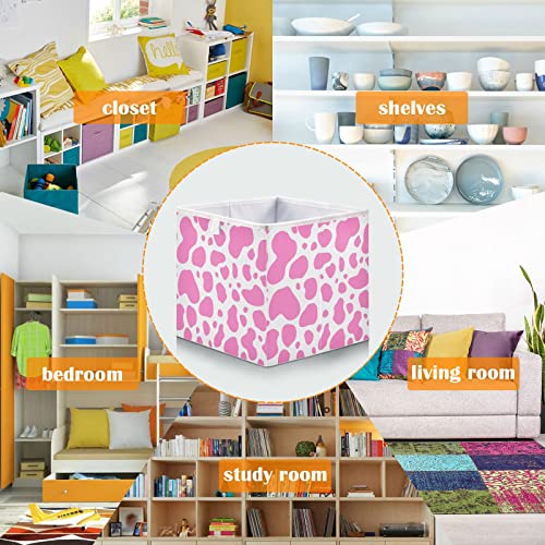 xigua Pink Cow Print Cube Storage Bins Organizer - 11x11x11 Inch Foldable Fabric Storage Baskets with Dual Handles for Closet Room Storage Room Shelves (1PACK)