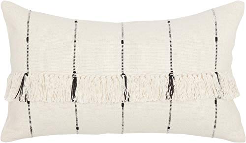 Piper Classics Farmcloth Stripe Pillow Cover w/ Fringe, 12" x 20", Urban Rustic Farmhouse Style, Boho Chic, Natural Cream w/ Black Stripes