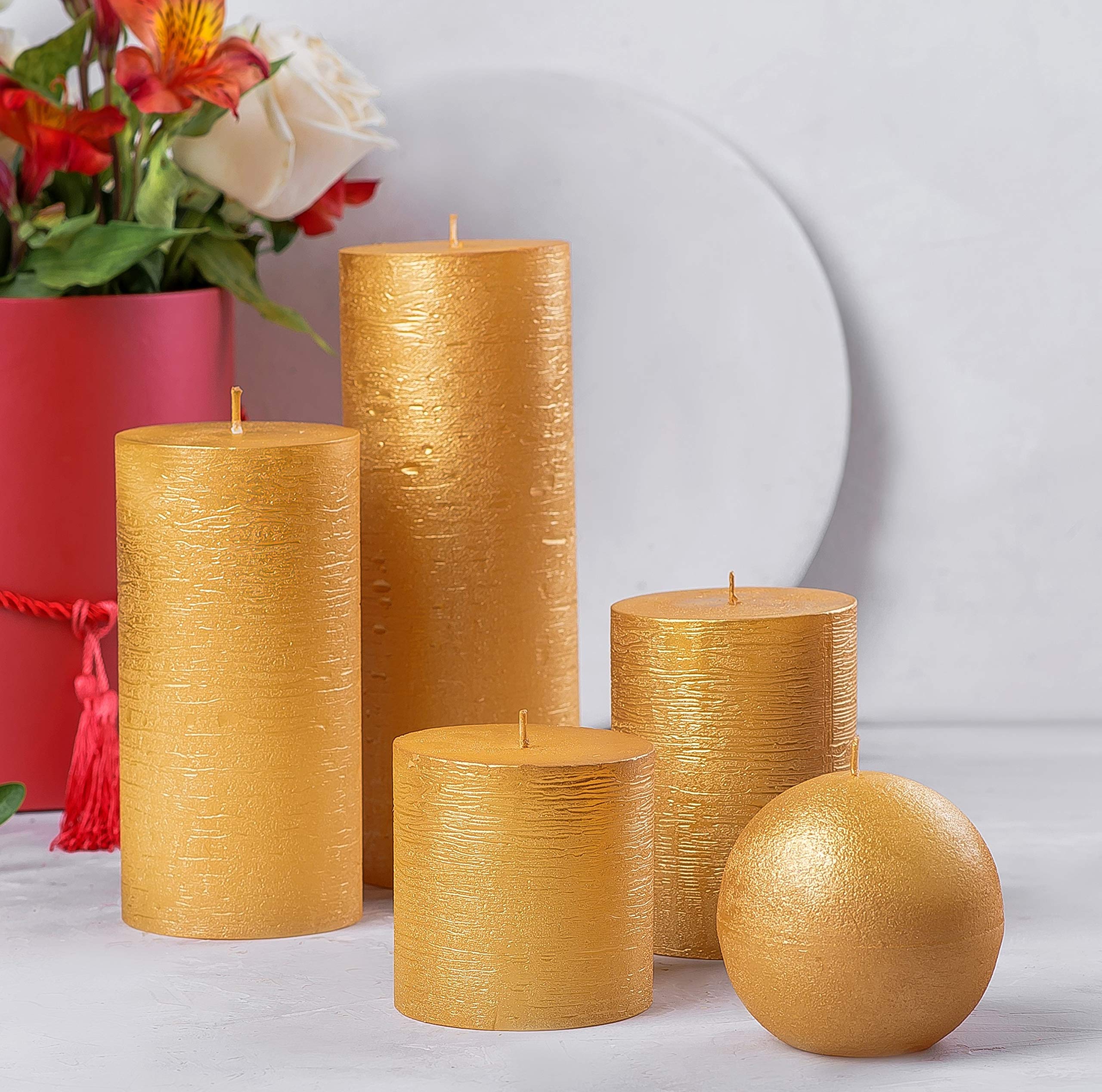 Set of 3 Sphere Ball Candles 3" Unscented Handpoured for Weddings, Home Decoration, Church, Restaurant, Spa, Smokeless Cotton Wick - Gold