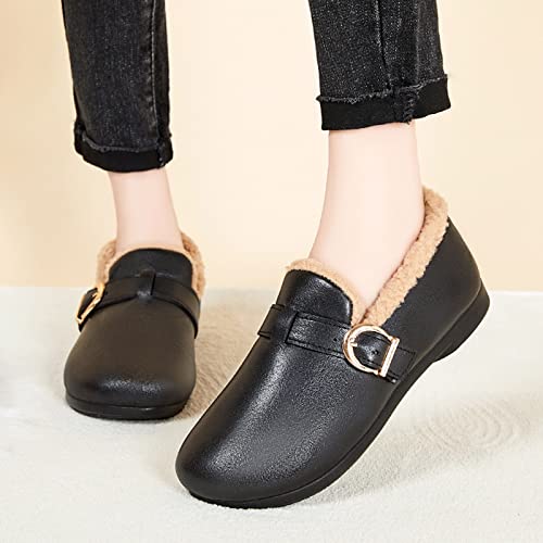 FASDNENDYS Fashion Winter Women Casual Shoes Flat Bottom Round Toe Solid Color Buckle Short Plush Warm and Comfortable Walking Black