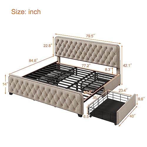 King Size Upholstered Platform Bed Frame with 4 Storage Drawers, Metal Bed Frame with Button Tufted Headboard and Footboard Sturdy Wood Slat Support, No Box Spring Required, Beige (Beige-KZC9A)