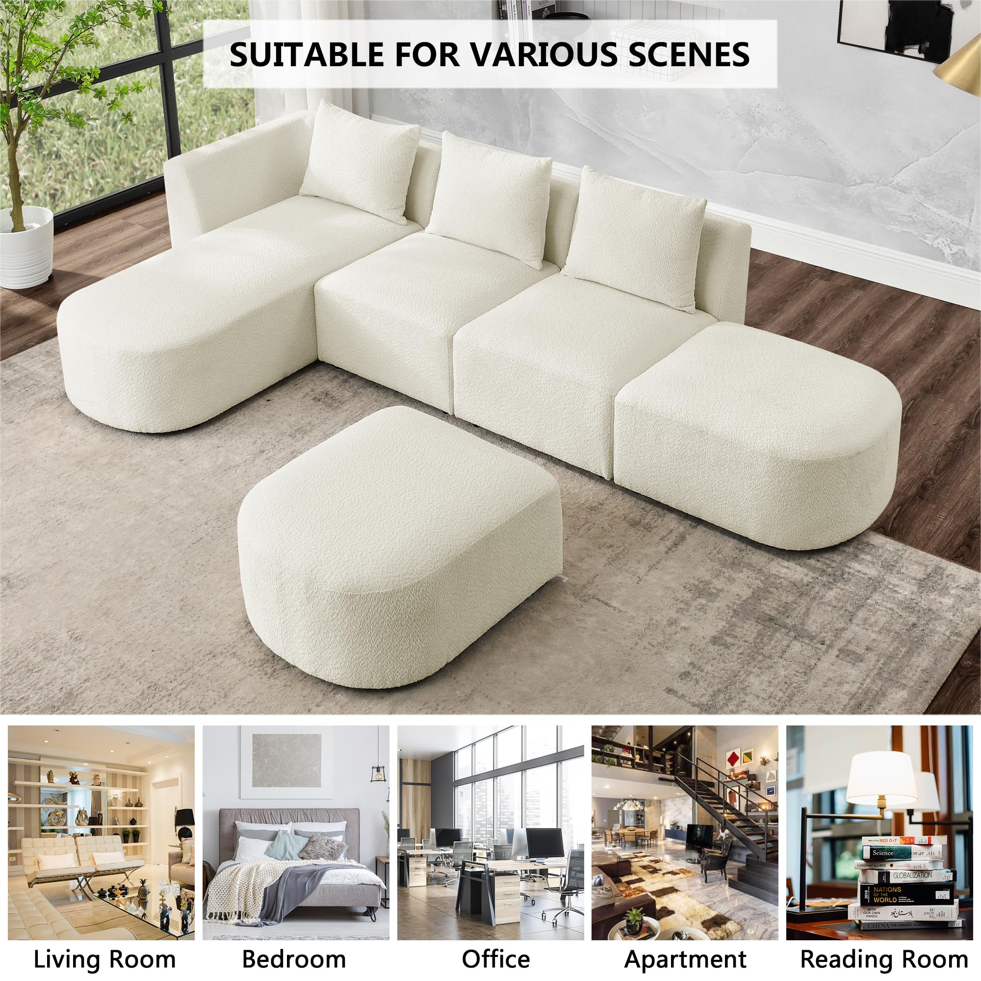 mikibama Modular Sectional Sofa, Modern Minimalist Sherpa U Shaped Couch Set with Two Single Seats and Two Chaises, 117" Comfy Boucle Couches for Living Room, DIY Combination, Black