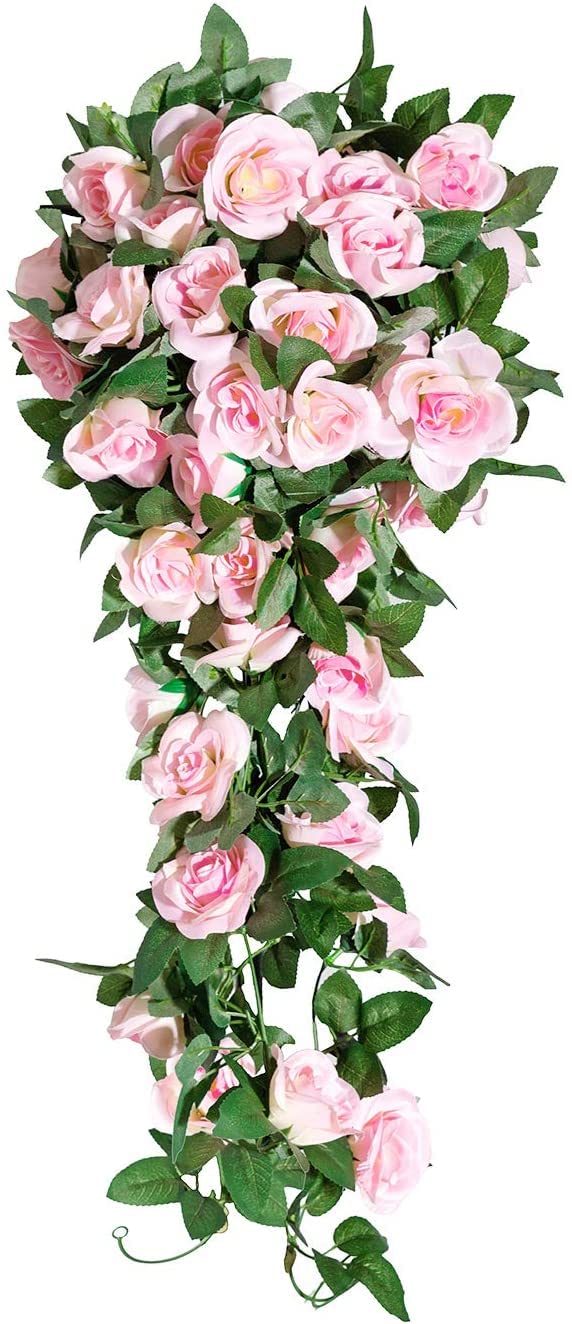 Yebazy 2PCS(16FT) Fake Rose Vine Garland Artificial Flowers Plants for Hotel Wedding Home Party Garden Craft Art Decor (Pink)…