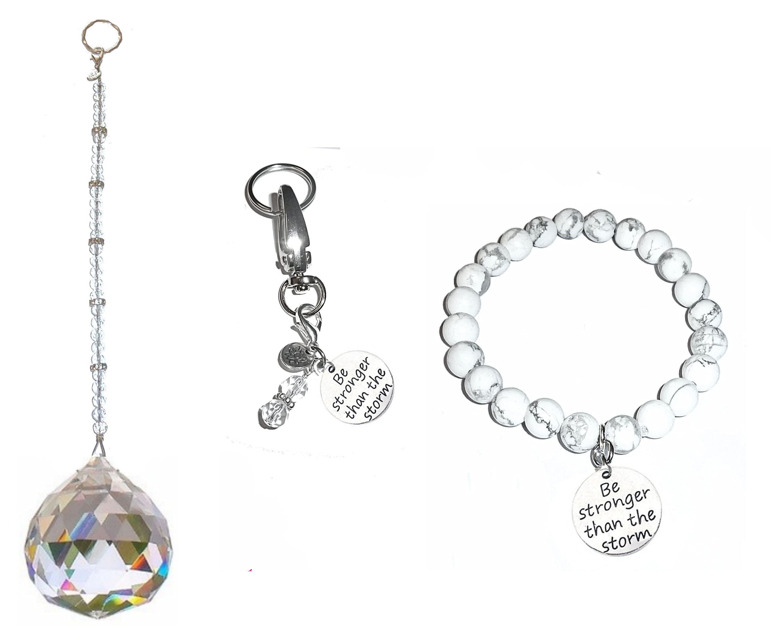 Hidden Hollow Beads Gift Set, Bracelet, Key Chain & Crystal Sun Catcher. 3 Piece Set with Charm. (Be Stronger Than the Storm)