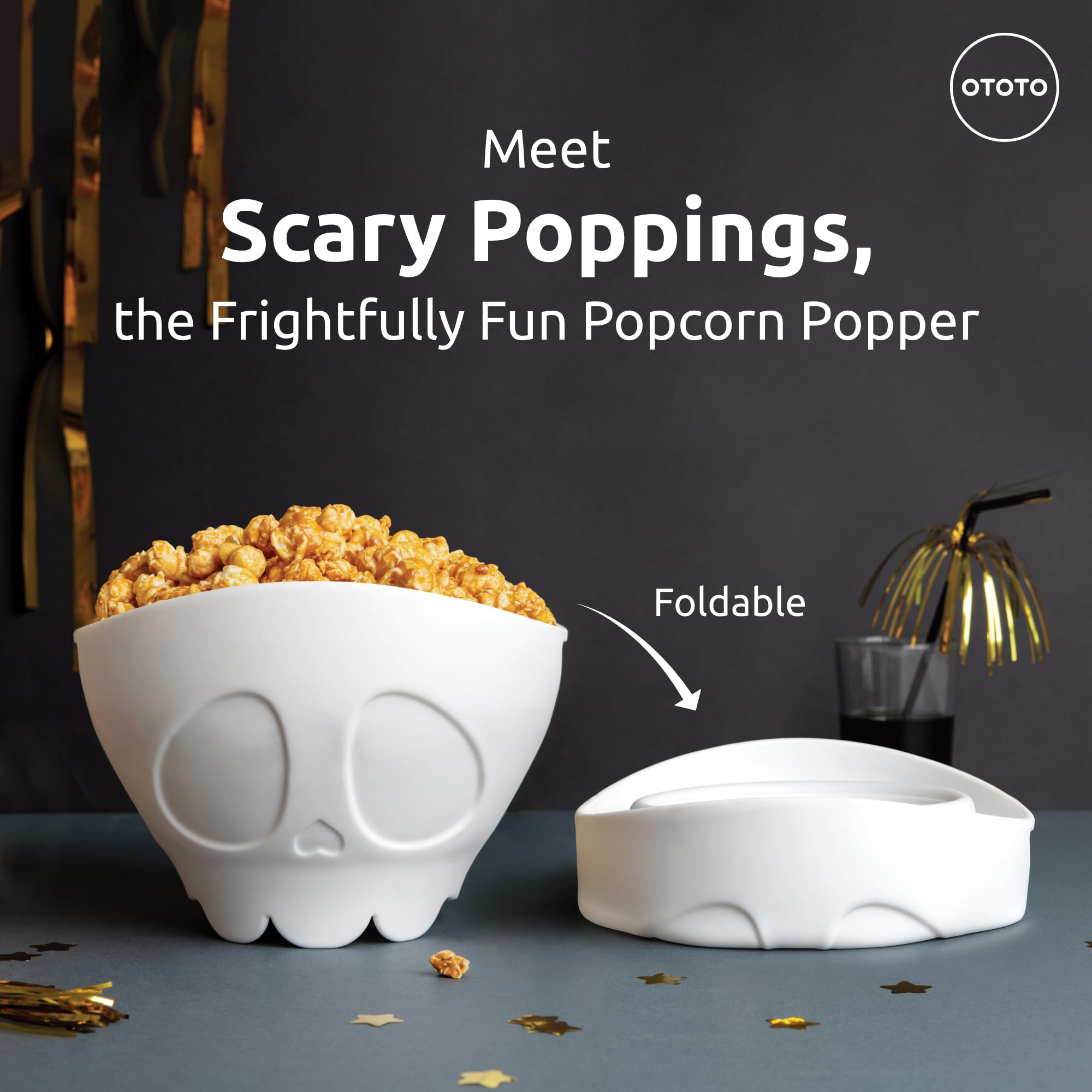 NEW!!! OTOTO Scary Poppings Microwave Popcorn Popper - Gothic Popcorn Microwave Popper, Silicone Microwave Popcorn Popper, Collapsible Bowl Popcorn Bowls, Halloween Goth Accessories Goth Gifts (White)