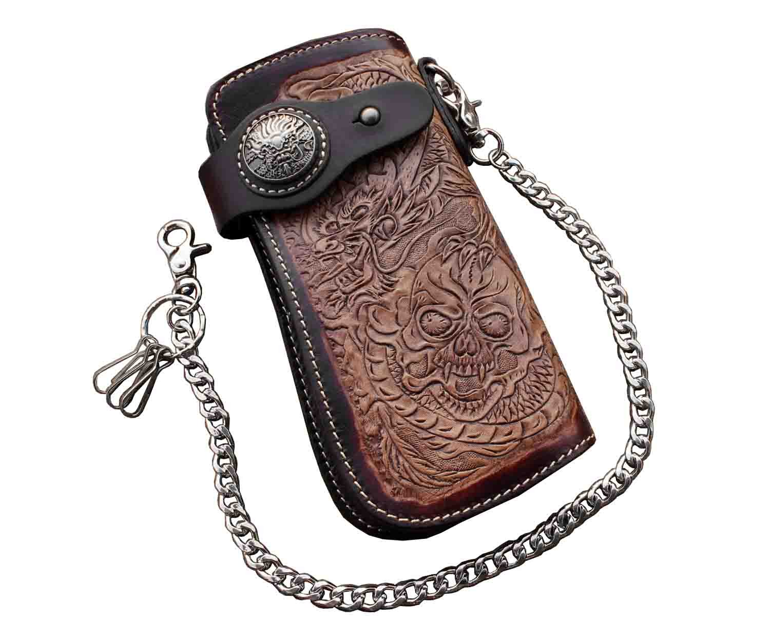 crazy hunter Dragon Skull Motorcylce Biker Cow Leather Card Holder Handmade Wallet With Chain L66