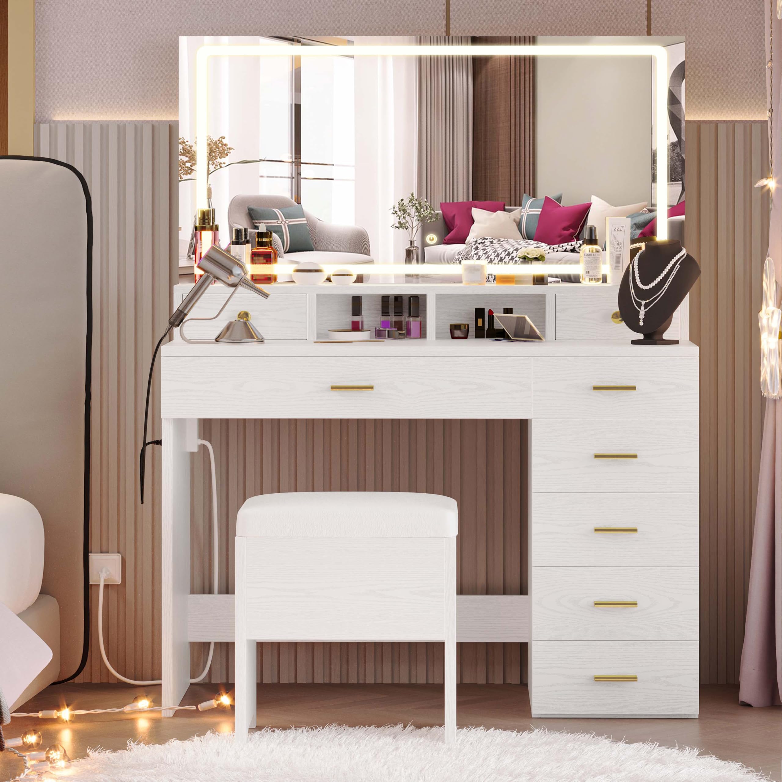 IRONCK Vanity Desk with LED Mirror and Lights and Power Outlet, Modern 8 Drawers Makeup Vanity Table with Storage Stool, for Bedroom, White