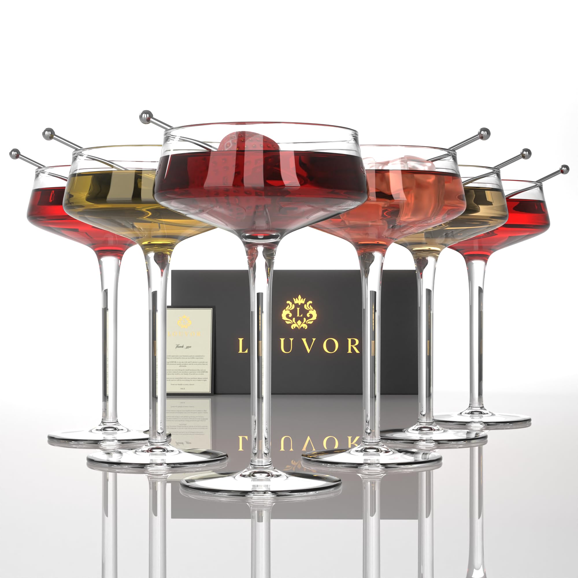LOUVOR Champagne Coupe Glasses Set of 6-8oz Hand Blown Crystal Martini Glasses with 6 Stainless Steel Cocktail Picks - Versatile Tall Cocktail Glasses & Vintage Cocktail Glasses for Martini & More