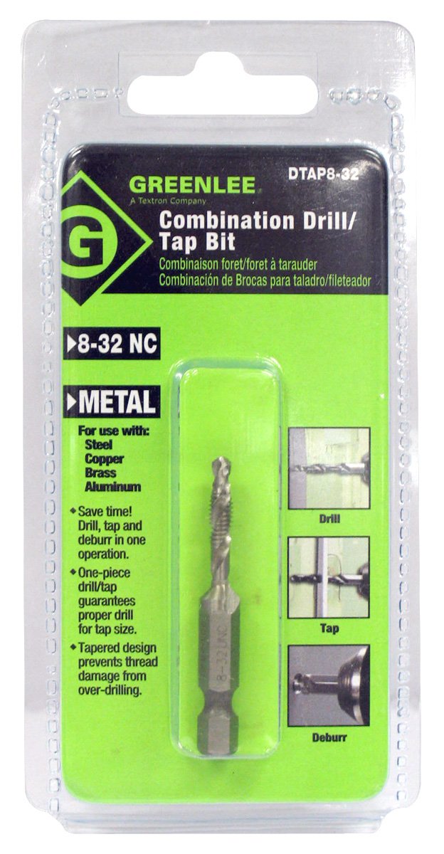 Greenlee DTAP8-32 Combination Drill, Tap, and Deburr Bit with Quick Change Hex, 8-32 NC