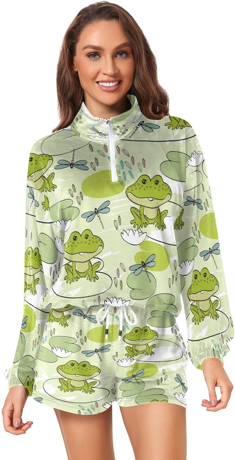 Kigai Cartoon Frogs Dragonflies Jogging Suits for Women Lounge Cozy Long Sleeve Half Zip Lapel Collar Sweatsuit Set,L