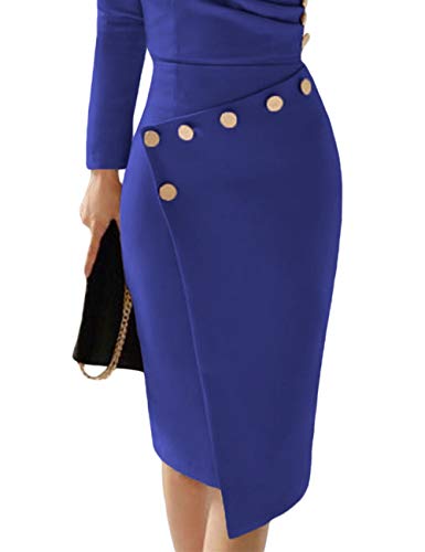 Lrady Women's Deep V Neck Casual Work Bodycon Long Sleeve Party Pencil Midi Dress, Blue, Large