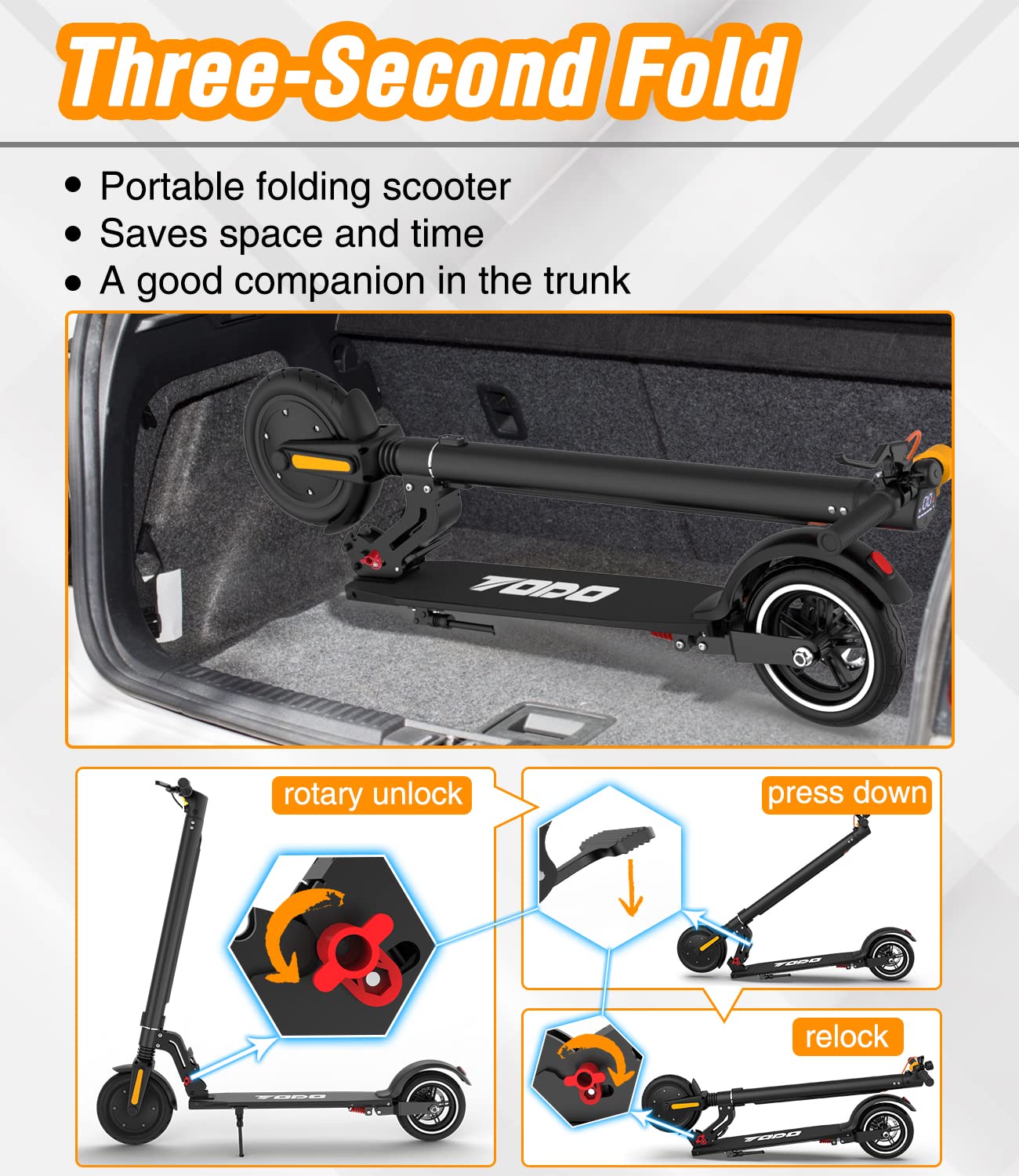 Electric Scooter,TODO Foldable Electric Scooter for Adults, Max 15MPH,8.5" Solid Tires,Range12-19Mile 400W(Peak) Powerful E-Scooter with Dual Brakes, Smart APP&Dual Brake System (Black)
