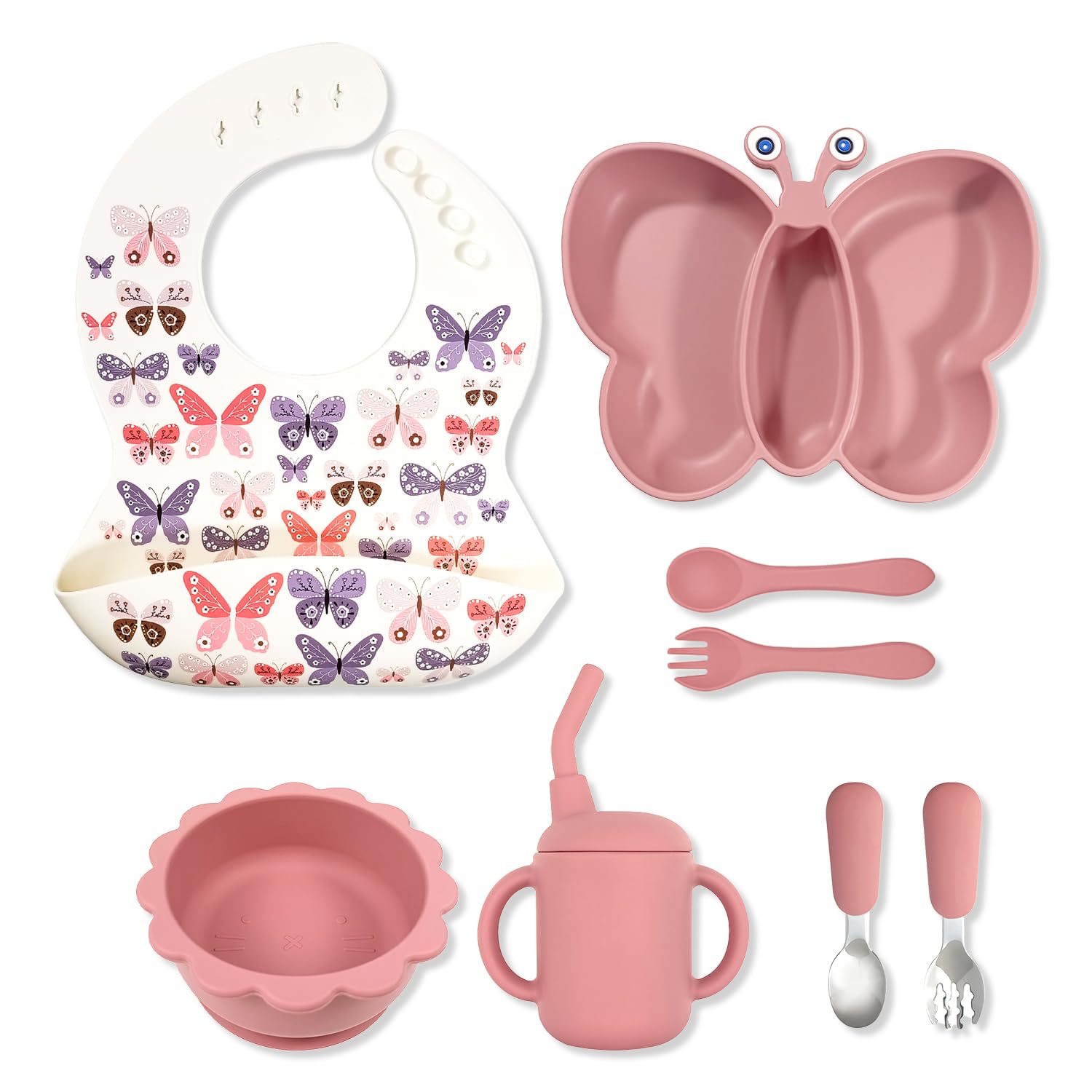 Light Mauve - Butterflies, Silicone Feeding Set | 8 Pcs Baby Led Weaning Supplies, Including Bib, Bowl, Plate, Training Cup, 1 Silicone Spoon & Fork Set, and 1 Stainless Steel Spoon & Fork Set