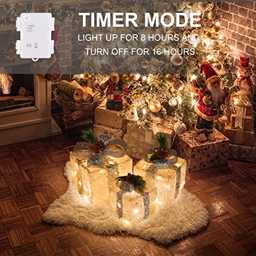 COVFEVER Christmas Lighted Gift Boxes, Pre-lit Lights Gold Linen Cloth Gift Boxes, Light up Present Boxes Set Battery Operated with Different Sizes for Holiday Indoor Outdoor Decorations