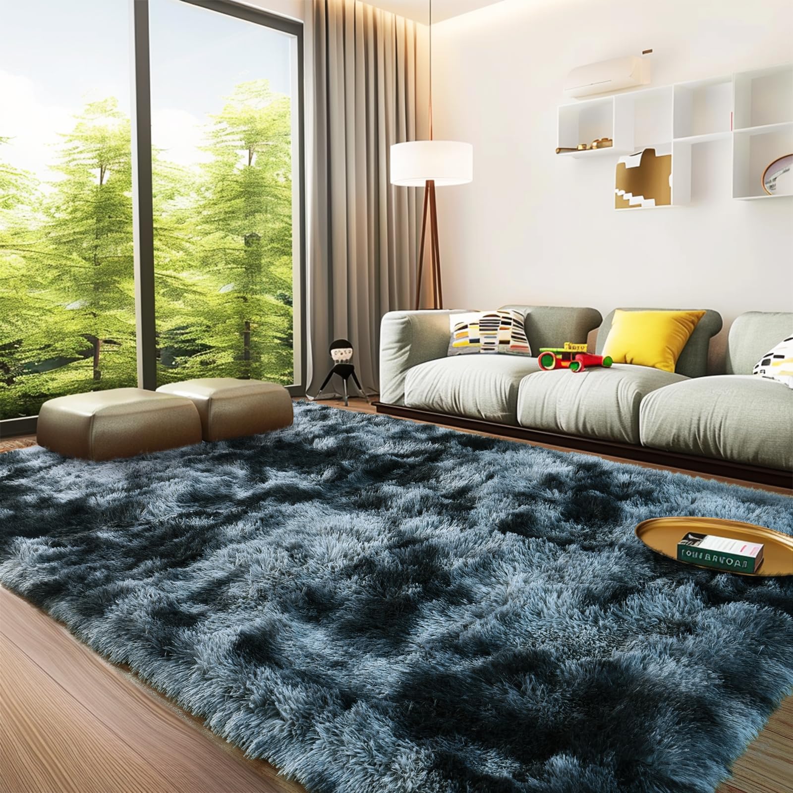 Isdook Anti-Skid Rectangular Fuzzy Rug Fluffy Rug for Living Room Non-Slip Shag Fuzzy Rug for Nursery Tie-Dyed Blue Grey Rectangle 5x7 Feet