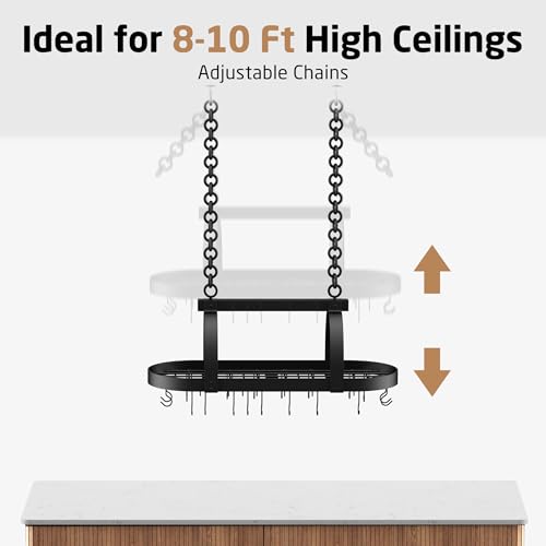 KES 48 Inch Large Hanging Pot Rack, Heavy Duty Oval Pot and Pan Hanging Rack Ceiling Mount, Pot Pan Hangers for Kitchen with 20 Hooks, Matte Black, (For 16" and 24" Stud Mount), KUR225S122-BK