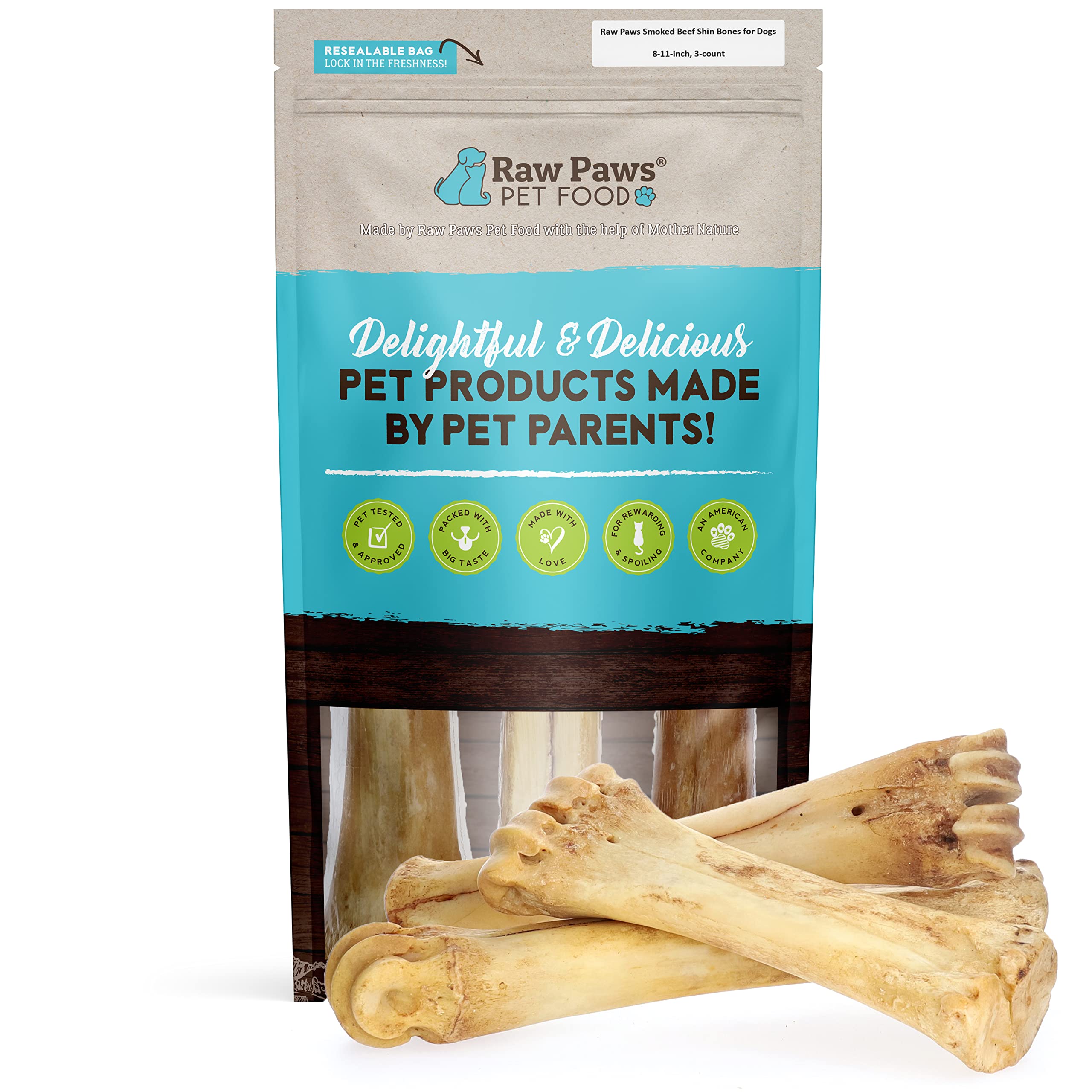 Raw Paws Smoked Beef Shin Bones for Dogs, 8-inch, 3-ct - Made in USA - Free-Range, Grass-Fed, Naturally Smoked Bones for Dogs - Dog Chew Bones for Aggressive Chewers - Beef Dog Bones for Large Dogs