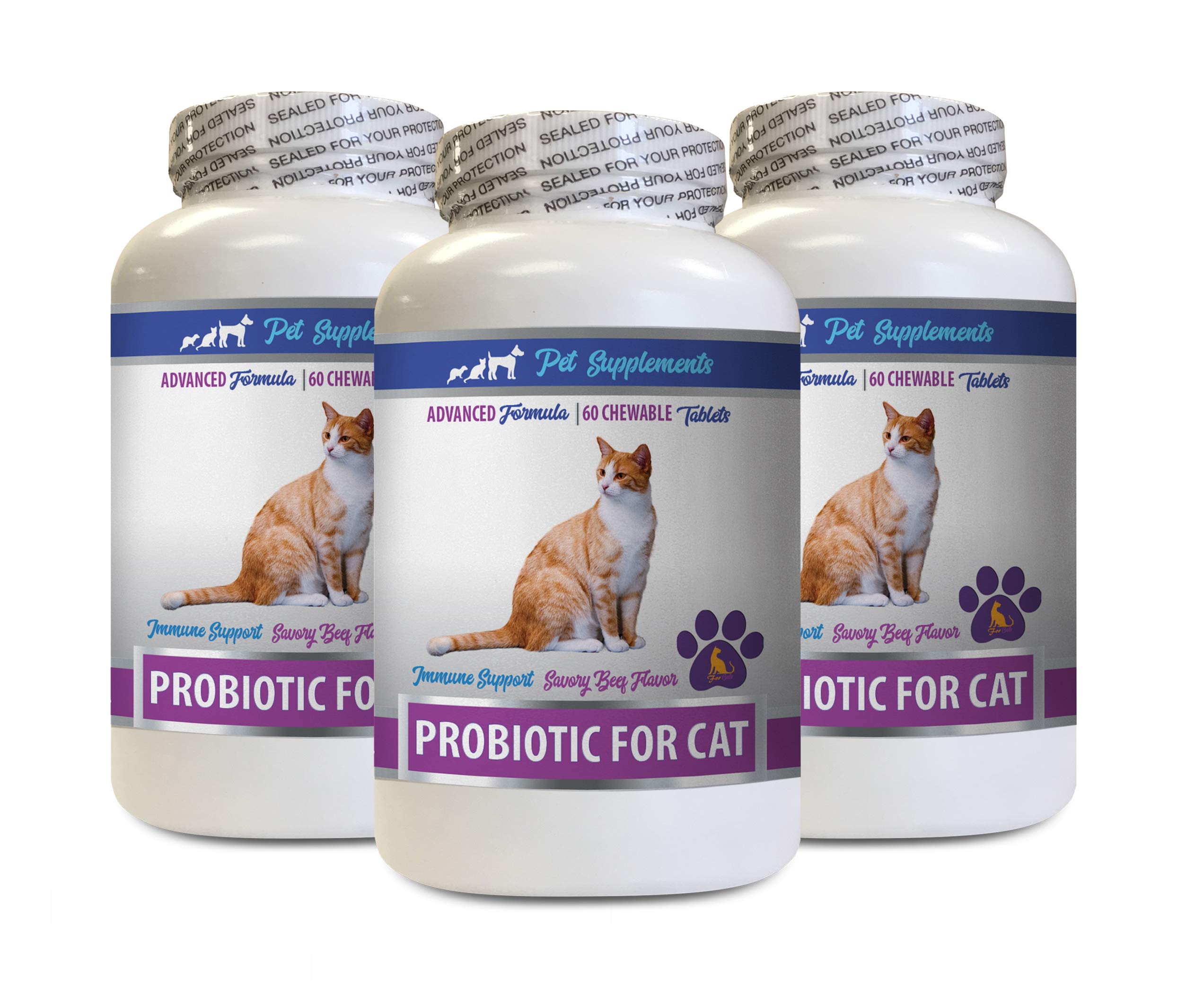 PET SUPPLEMENTS cat Digestive Support Treats - CAT PROBIOTICS - Immune Support - Savory Beef Flavor - Natural Formula - cat probiotics enzymes - 3 Bottles (180 Treats)