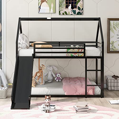 Tidyard Twin Over Twin House Bunk Bed with Ladder and Slide,Black for Bedroom Dorm Guest Room Home Furniture